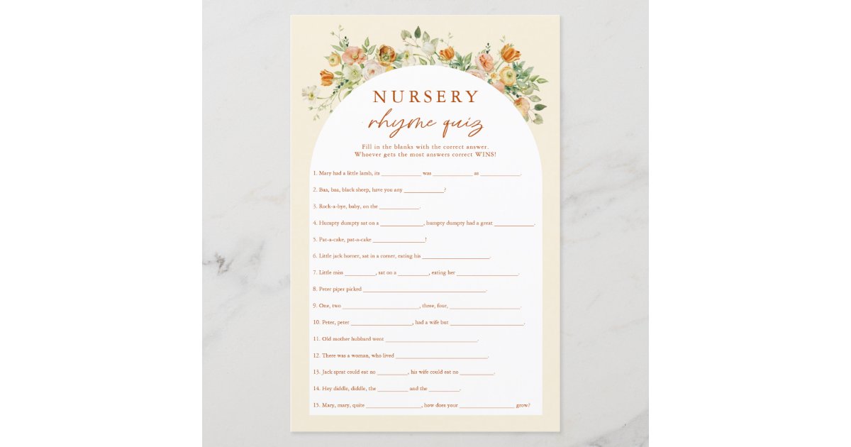 Spring Floral Nursery Rhymes Quiz Baby Shower Game | Zazzle
