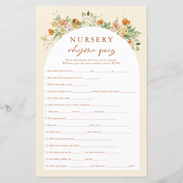 Spring Floral Nursery Rhymes Quiz Baby Shower Game | Zazzle