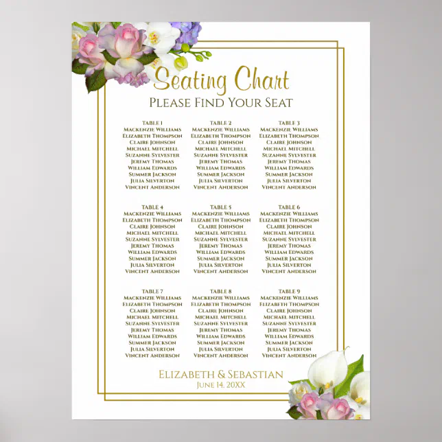 Spring Floral Pastel 9 Table Wedding Seating Chart | Zazzle