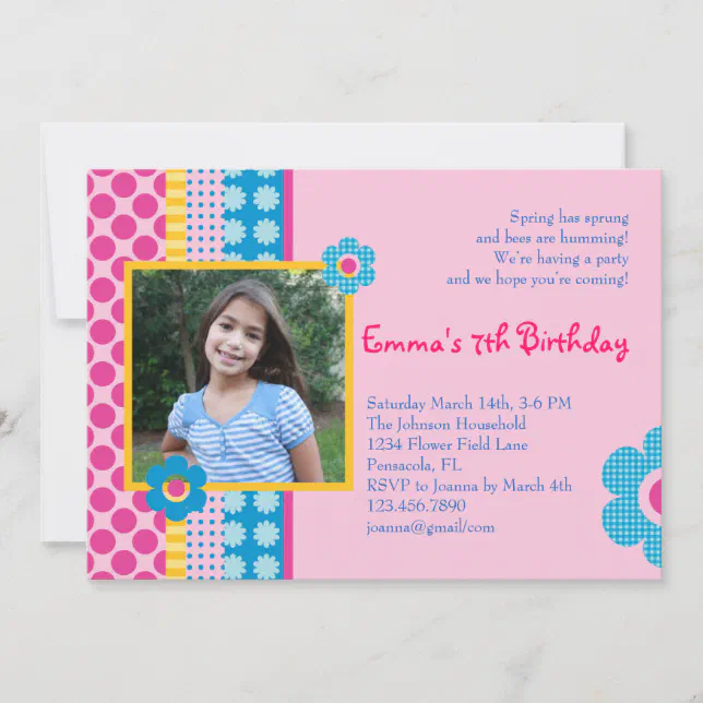 Spring Flower Girl Birthday Photo Invitation | Zazzle