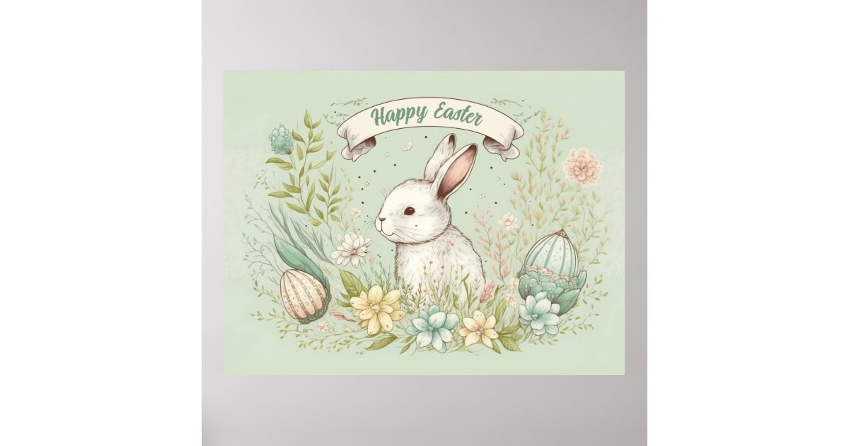 Spring flowers and bunny illustration poster | Zazzle