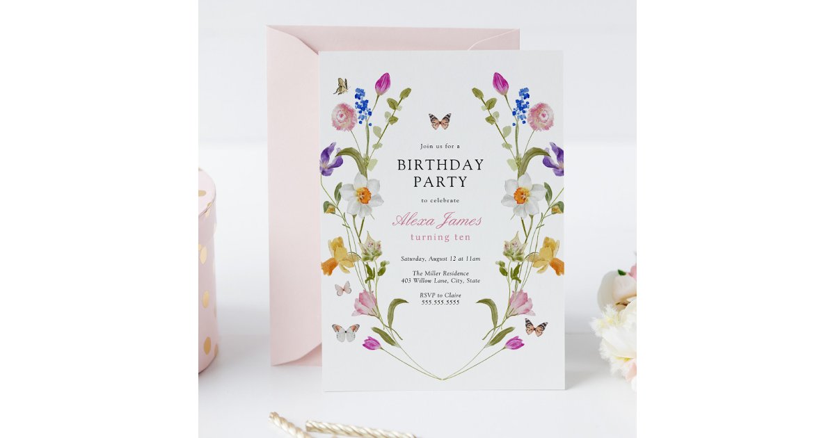 Spring Flowers and Butterflies Birthday Invitation | Zazzle