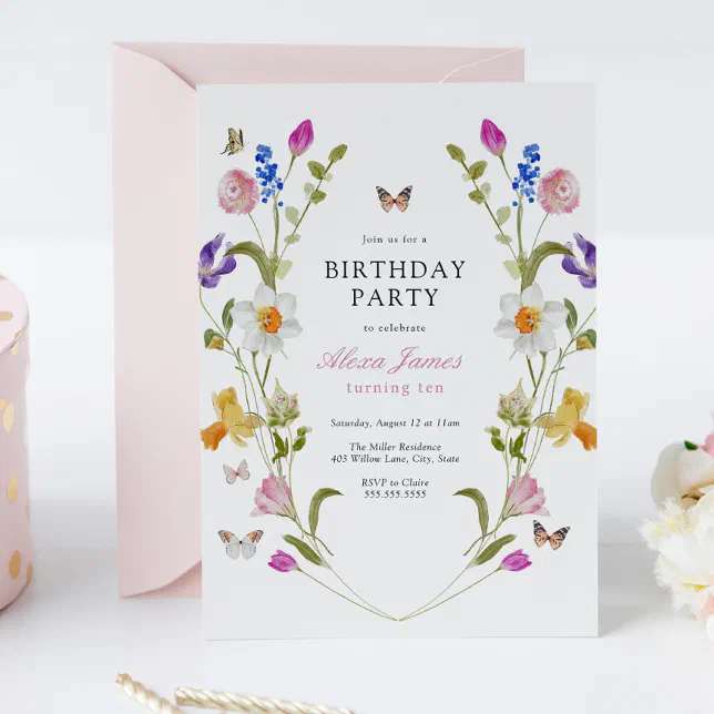 Spring Flowers and Butterflies Birthday Invitation | Zazzle