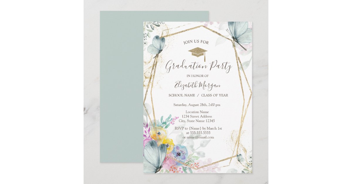 Spring Flowers,Butterflies,Grad Cap,Graduation Invitation | Zazzle