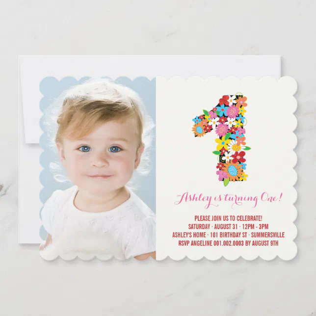 Spring Flowers One Baby Girl First Birthday Photo Invitation | Zazzle