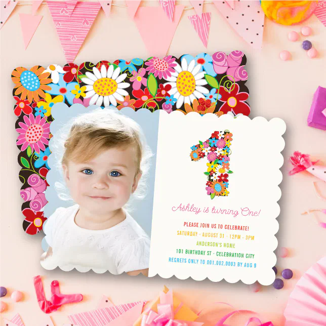 Spring Flowers One Baby Girl First Birthday Photo Invitation | Zazzle