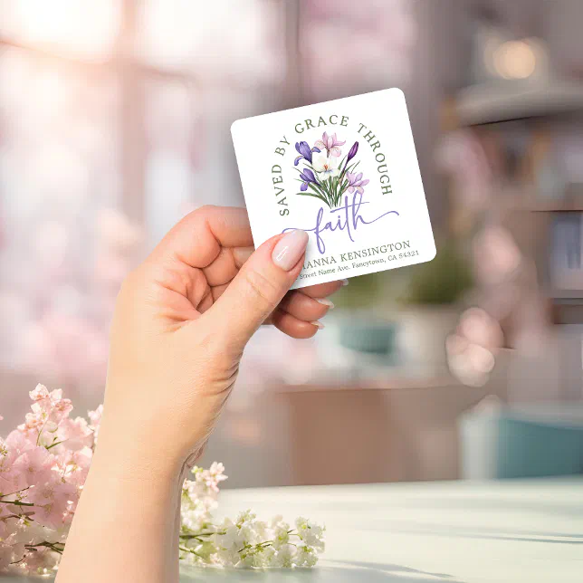 Spring Flowers Saved by Grace Return Address Square Sticker | Zazzle