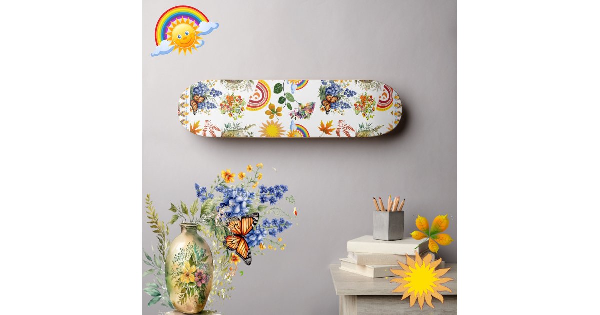Spring Garden Butterfly Rainbow Sunshine Greenery Skateboard | Zazzle