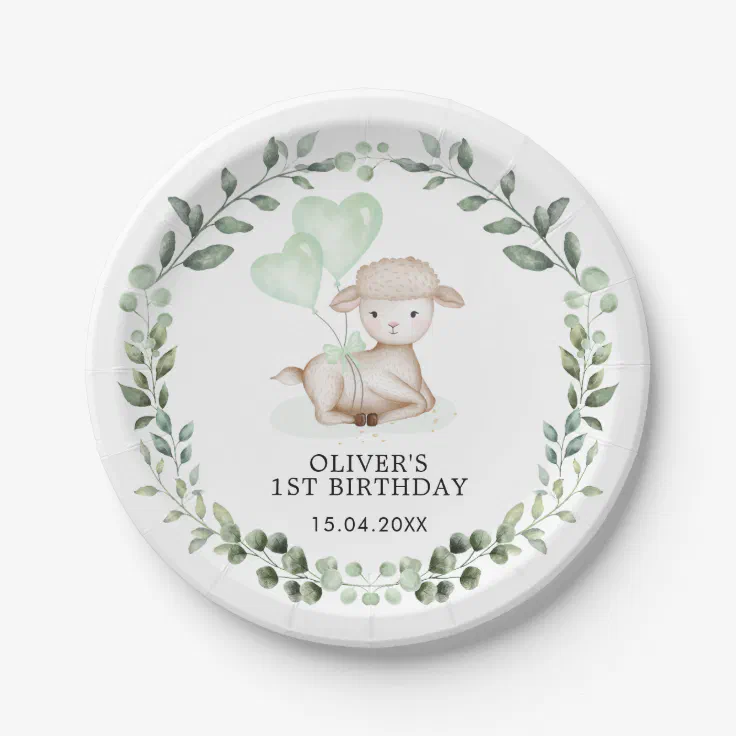 Spring Greenery Baby Lamb 1st Birthday Party Paper Plates | Zazzle