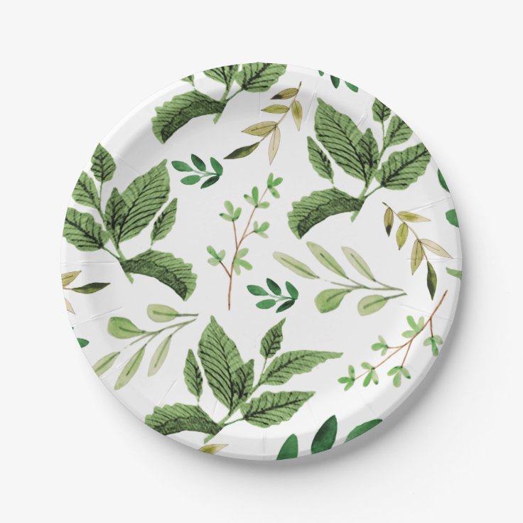 Spring Greenery Paper Plates with Watercolor Leave | Zazzle