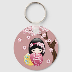 Spring Kokeshi Doll - Cute Japanese Geisha on Pink Keychain | Zazzle