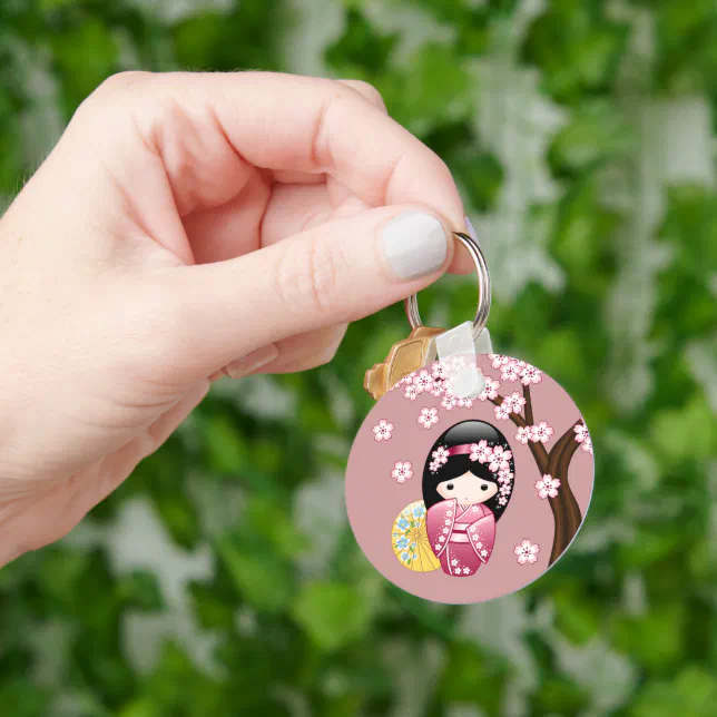 Spring Kokeshi Doll - Cute Japanese Geisha on Pink Keychain | Zazzle