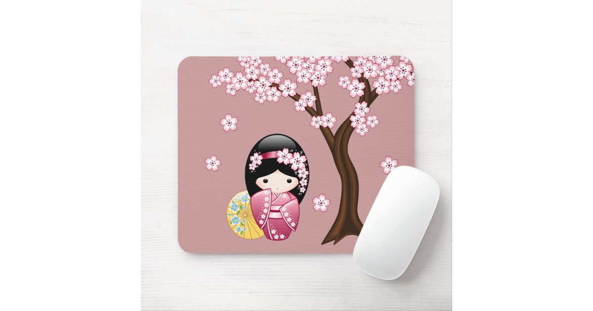 Spring Kokeshi Doll - Cute Japanese Geisha on Pink Mouse Pad | Zazzle