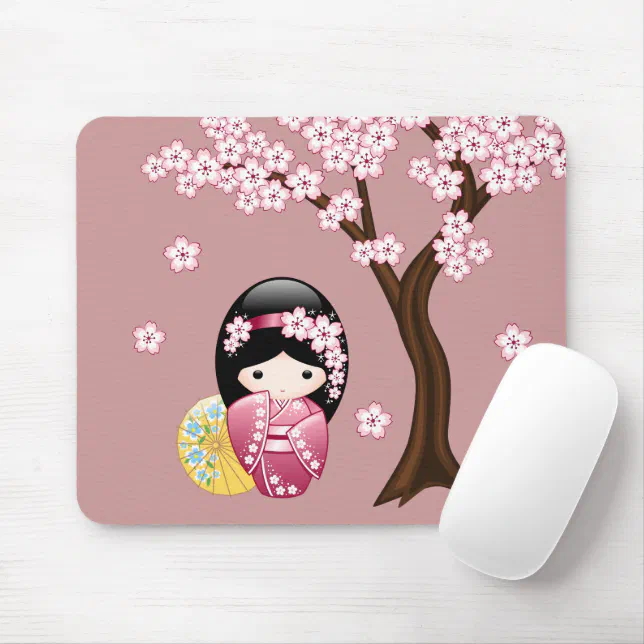 Spring Kokeshi Doll - Cute Japanese Geisha on Pink Mouse Pad | Zazzle