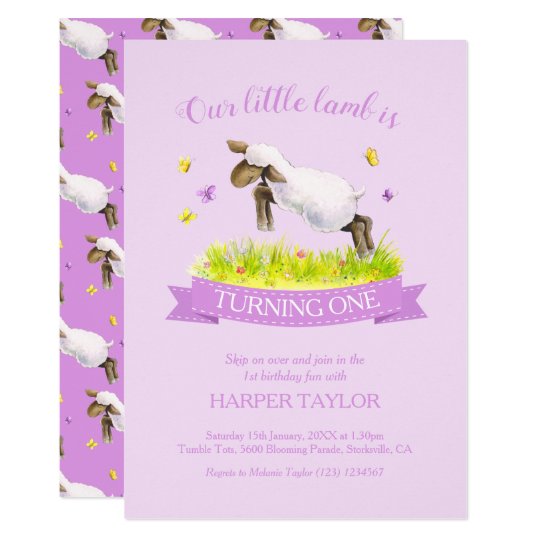 Spring lamb skipping cute purple 1st birthday invitation | Zazzle.com