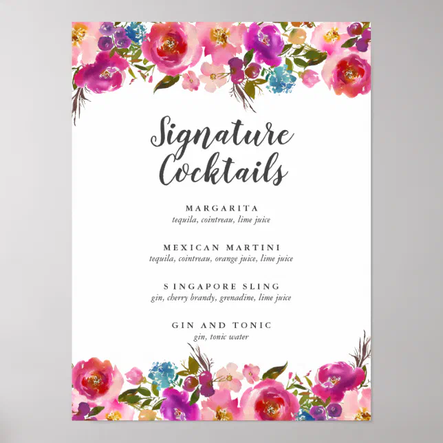Spring Lush | Pink Floral Signature Cocktail Menu Poster | Zazzle