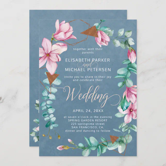 Spring modern dusty blue and pink floral wedding invitation | Zazzle