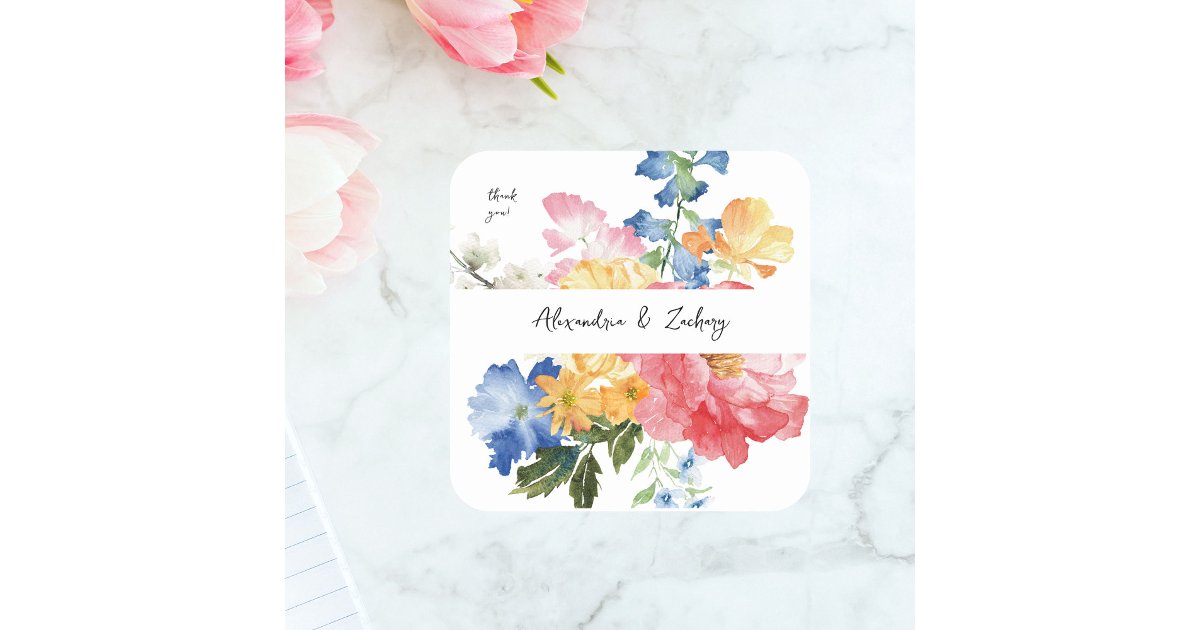 Spring Multi Color Florals Thank You Square Sticker | Zazzle