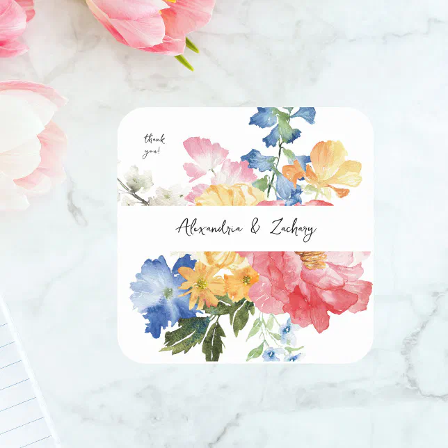 Spring Multi Color Florals Thank You Square Sticker | Zazzle