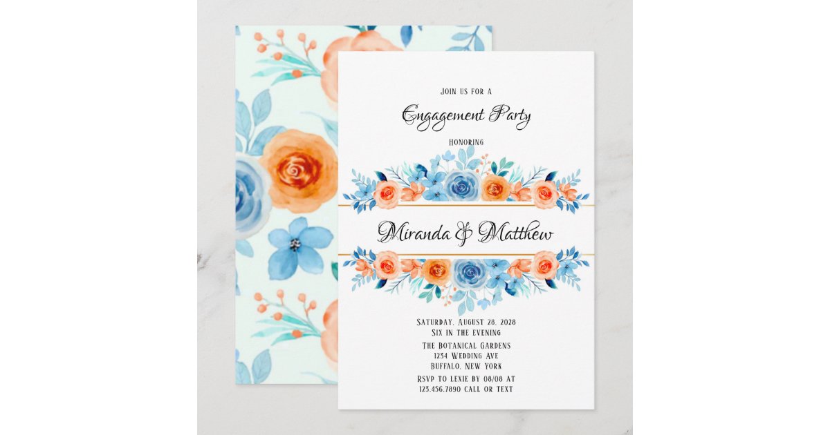 Spring Paint Blue Orange Florals Engagement Party Invitation | Zazzle