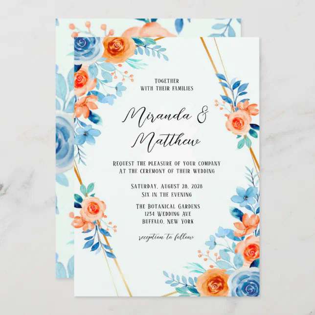 Spring Paint Blue Orange Watercolor Floral Wedding Invitation | Zazzle