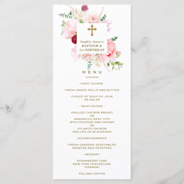 Spring Pink Blush Floral 1st Birthday & Baptism Menu | Zazzle