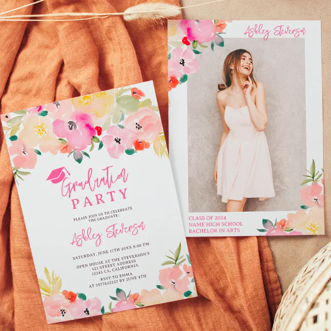 Spring pink boho chic garden floral graduation invitation | Zazzle