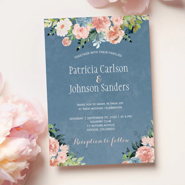 Spring rustic dusty blue and blush floral wedding invitation | Zazzle