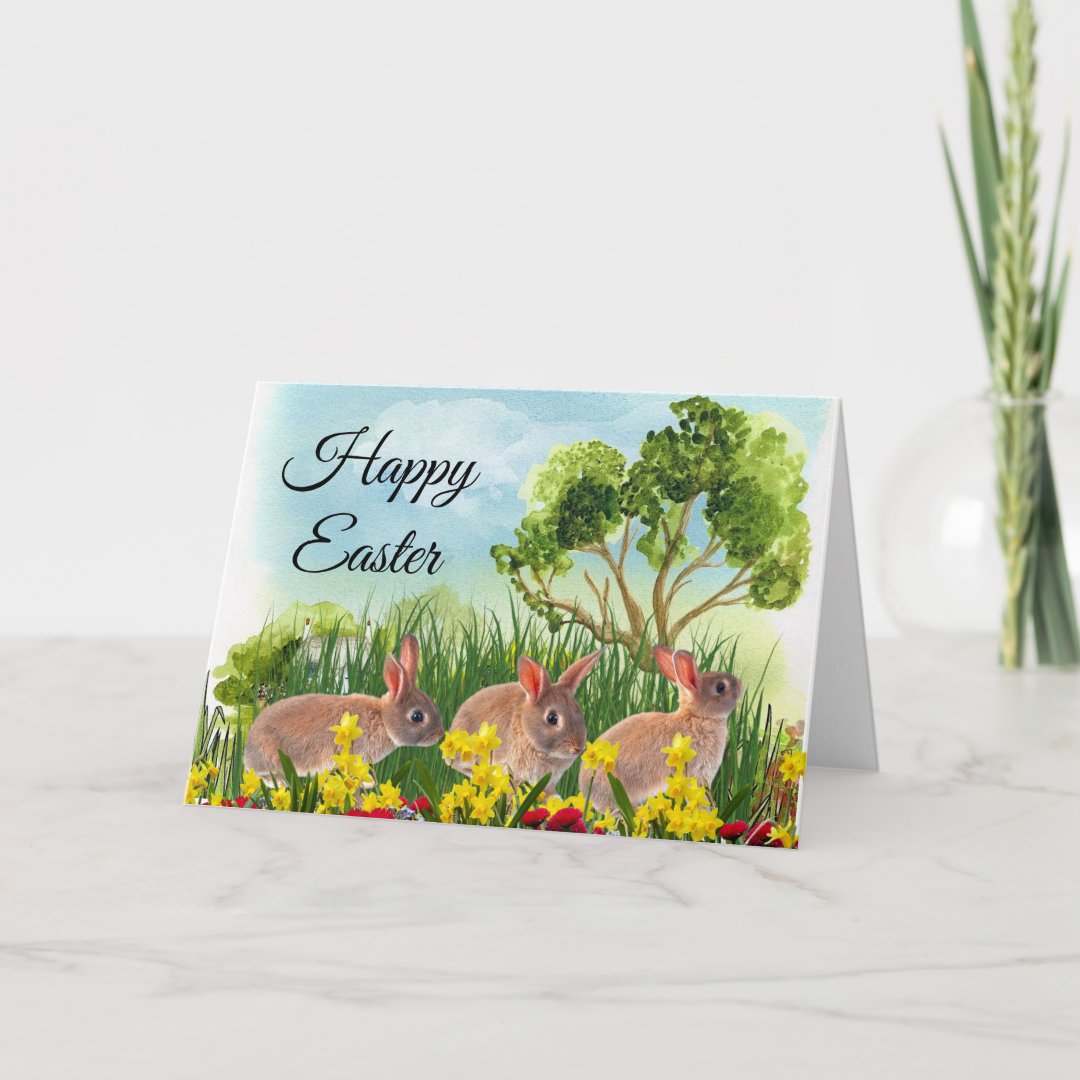 Spring Season Rabbits in Garden Happy Easter Card | Zazzle