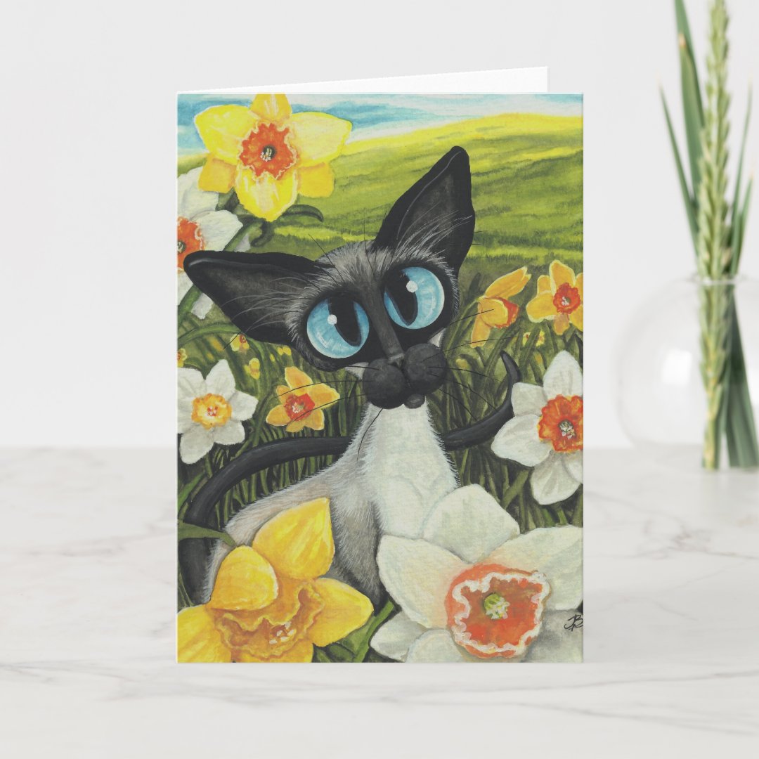 Spring Siamese Cat Easter Daffodils by BiHrLe Holiday Card | Zazzle