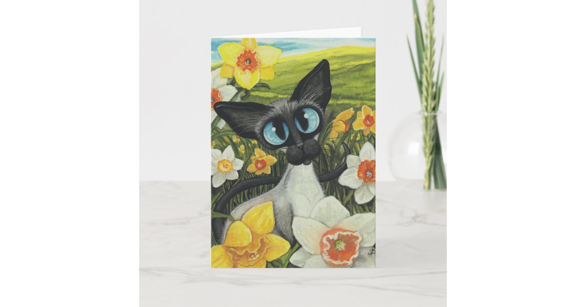 Spring Siamese Cat Easter Daffodils by BiHrLe Holiday Card | Zazzle