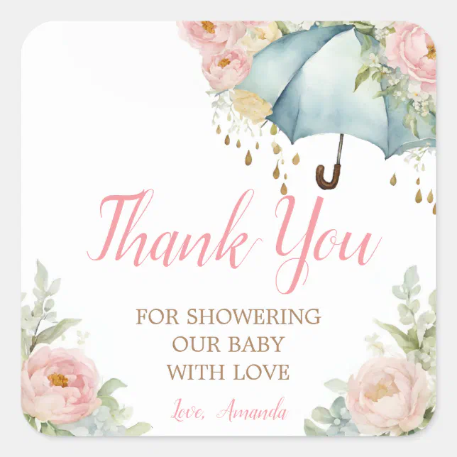 Spring Umbrella Baby Shower Thank You Square Sticker | Zazzle
