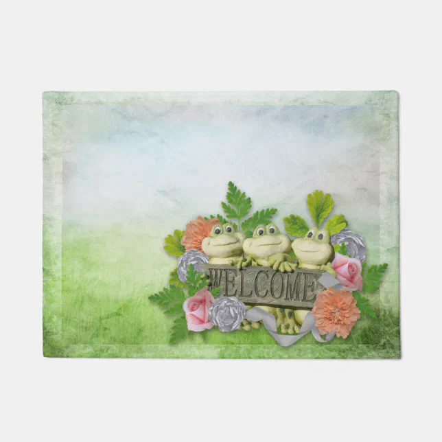 Spring - Welcome 3 Cute Frogs Doormat | Zazzle