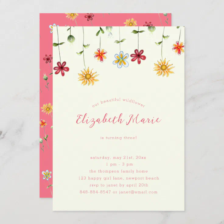 Spring Whimsical Wildflower Hot Pink Girl Birthday Invitation | Zazzle