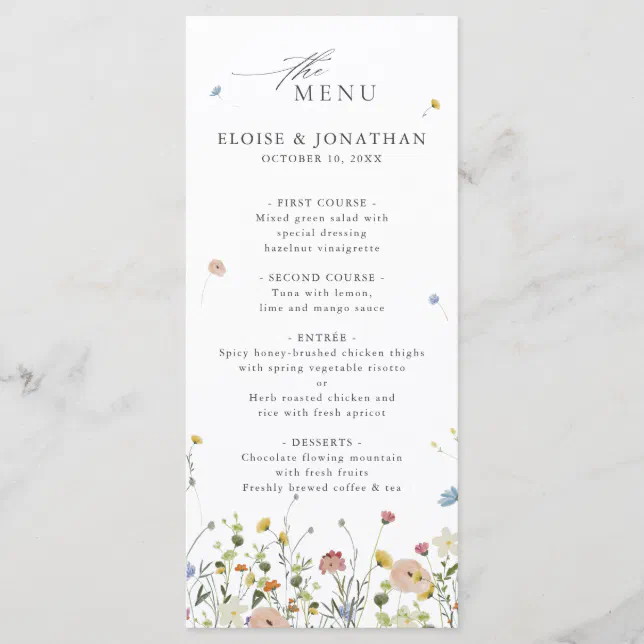 Spring Wildflower Garden Floral Minimalist Wedding Menu | Zazzle