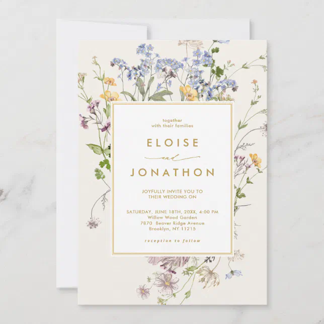 Spring Wildflower Meadow Details Gold Wedding Invitation | Zazzle