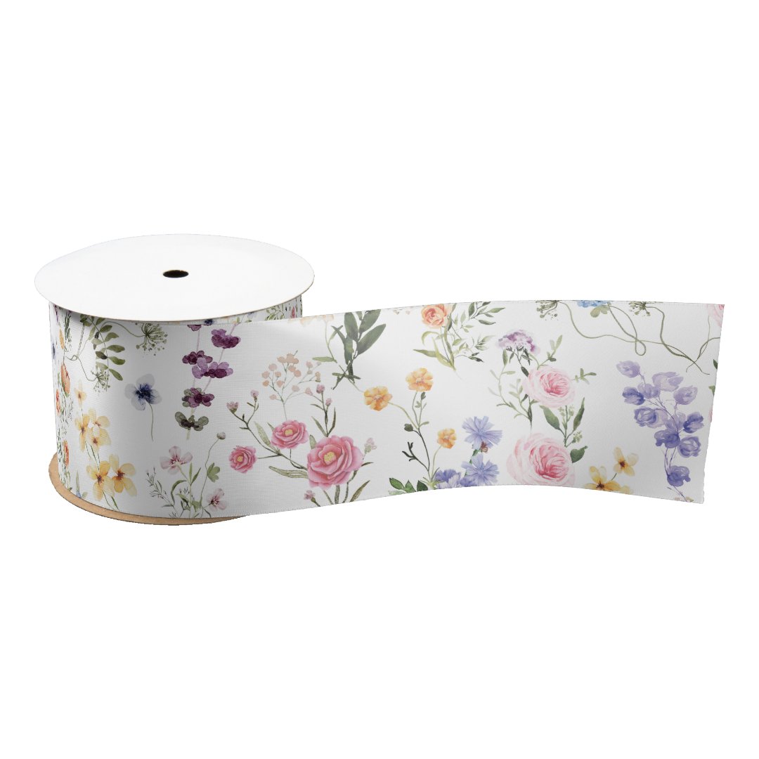 Spring Wildflower Meadow Flower Garden Greenery Satin Ribbon | Zazzle