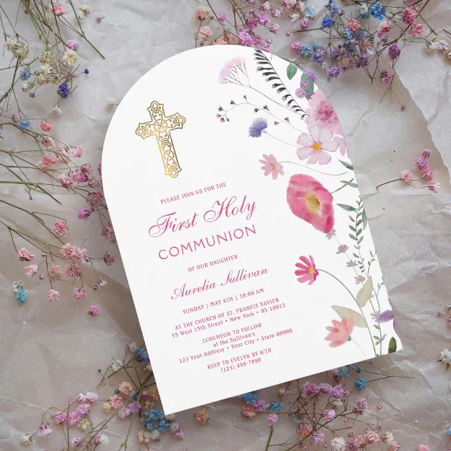 Spring Wildflowers Arch First Communion Invitation | Zazzle