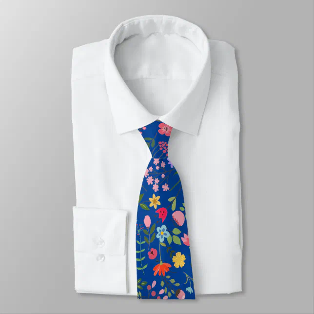 Spring Wildflowers Floral Design on Blue Neck Tie | Zazzle
