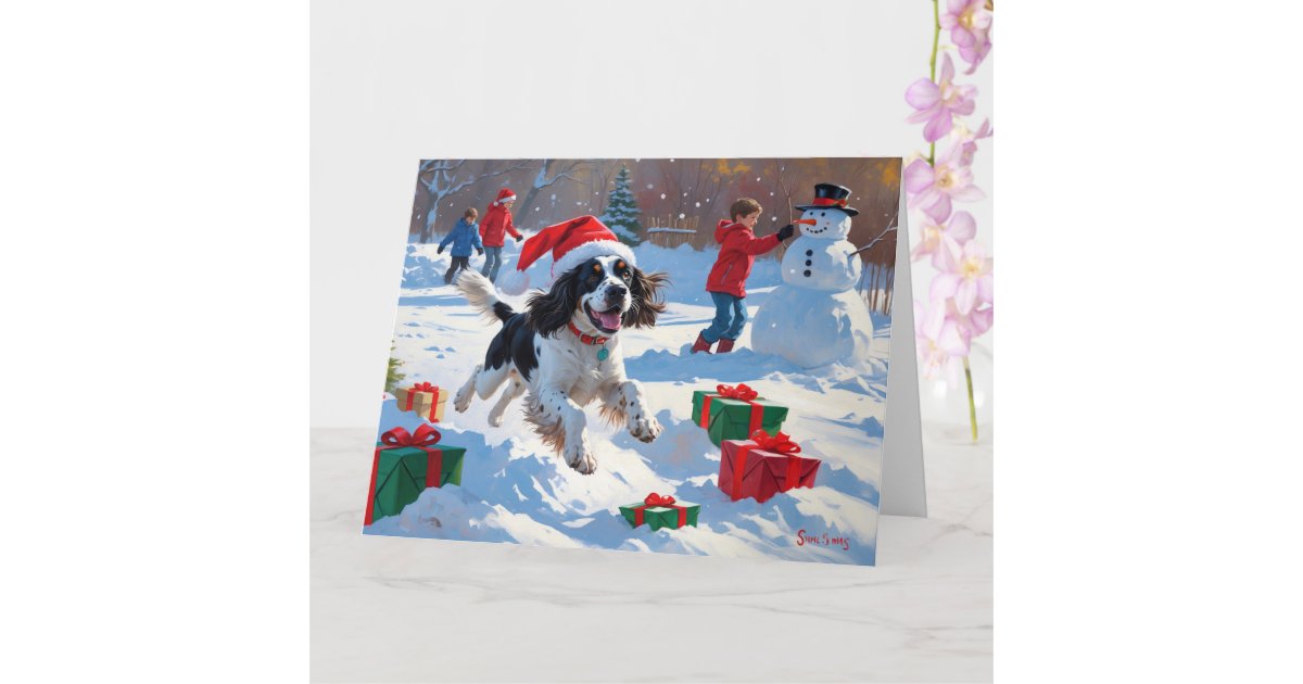 Springer Spaniel Running Snow with Christmas Hat Card | Zazzle