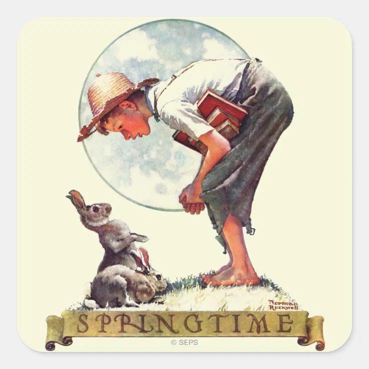 Springtime, 1935 boy with bunny square sticker | Zazzle