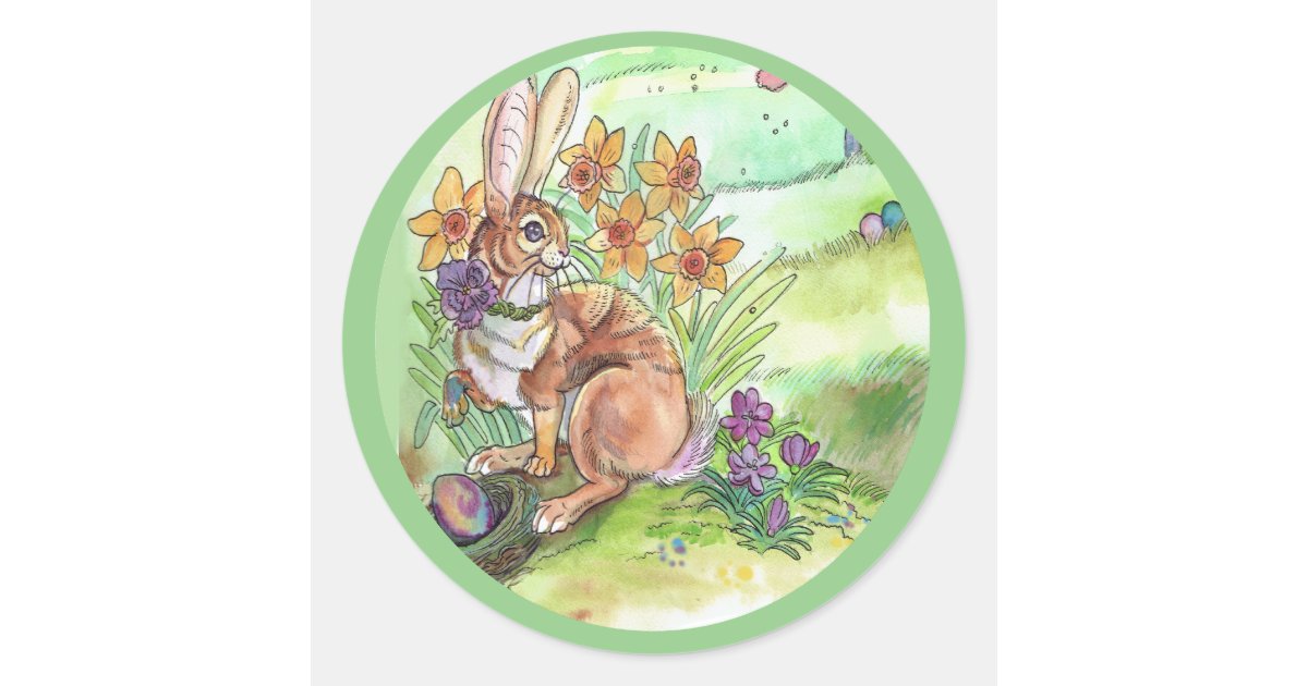 Springtime Easter Bunny Classic Round Sticker | Zazzle