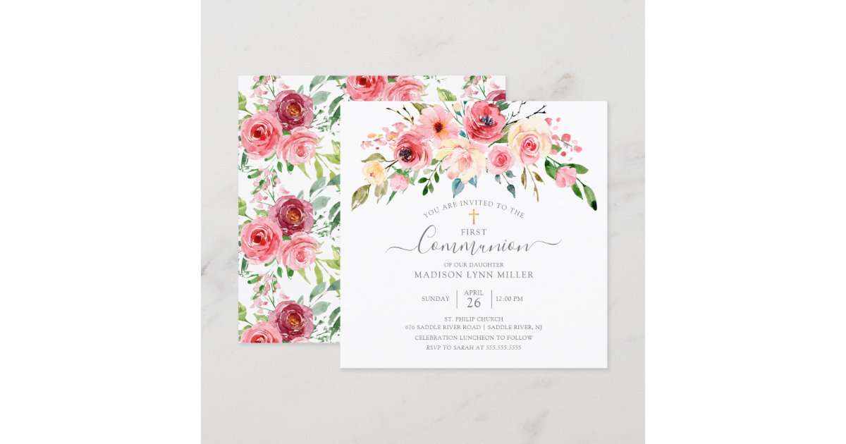 Springtime Peonies Rose Floral Communion Invitation | Zazzle