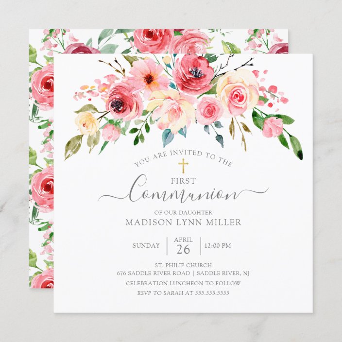 Springtime Peonies Rose Floral Communion Invitation | Zazzle.com