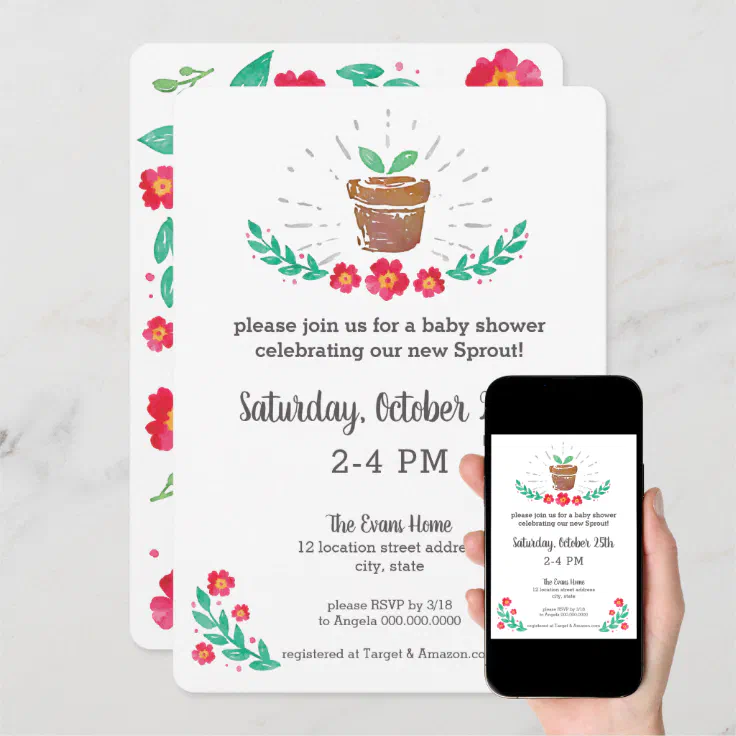 Sprout Plant Baby Shower Garden Pot Watercolor Invitation | Zazzle