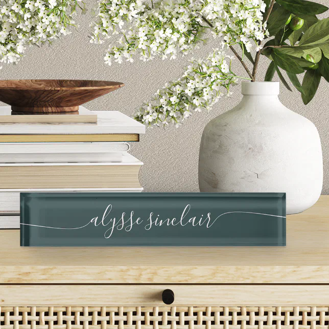 Spruce Green Elegant Calligraphy Script Desk Name Plate | Zazzle
