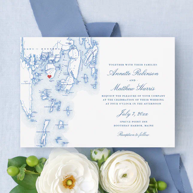 Spruce Point Inn Boothbay Maine Navy Map Wedding Invitation | Zazzle