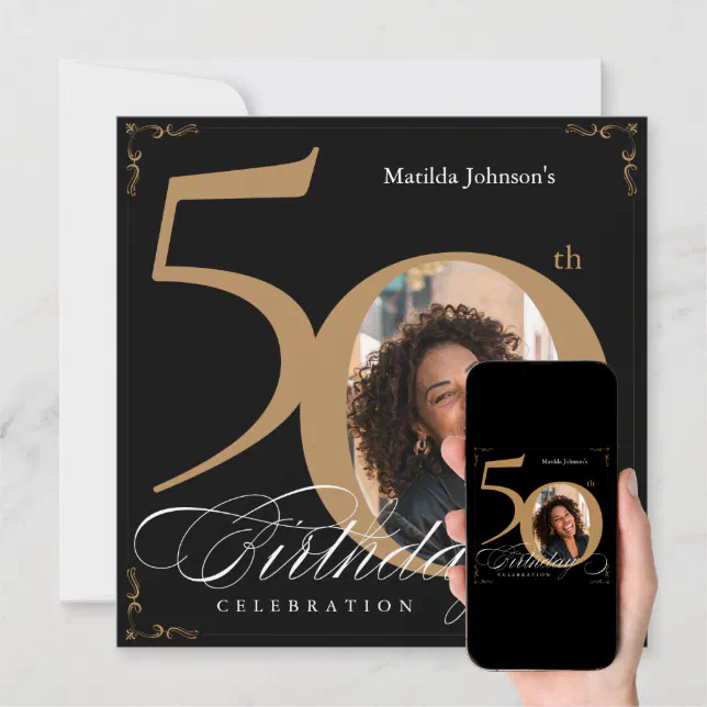 Square 50th Birthday Black Gold Calligraphy Photo Invitation | Zazzle