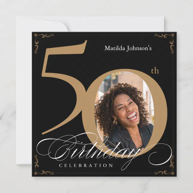 Square 50th Birthday Black Gold Calligraphy Photo Invitation | Zazzle