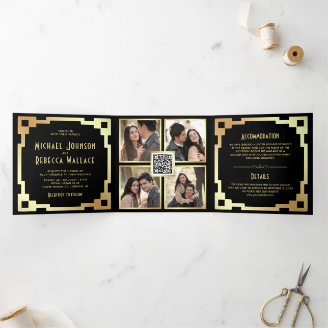 Square Art Deco Frame Black Gold QR Code Wedding Tri-Fold Invitation ...